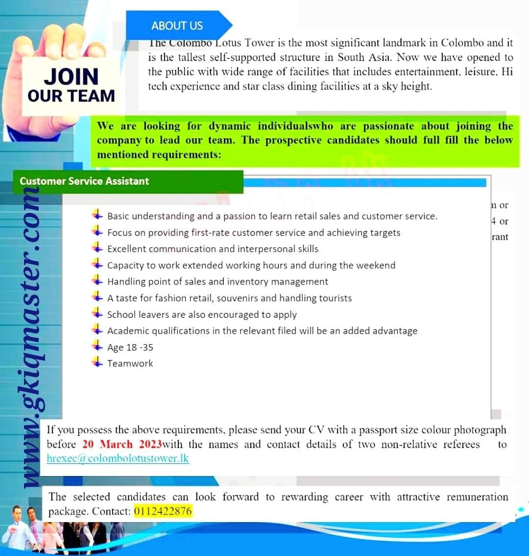 Customer Service Assistant Vacancies - Colombo Lotus Tower - MASTER