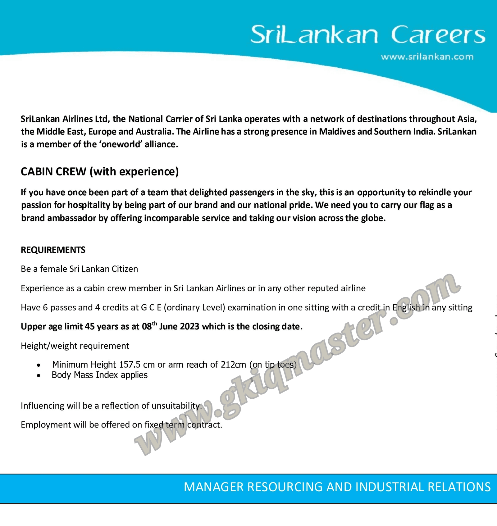 Cabin Crew - Srilankan Airlines Full Details - MASTER