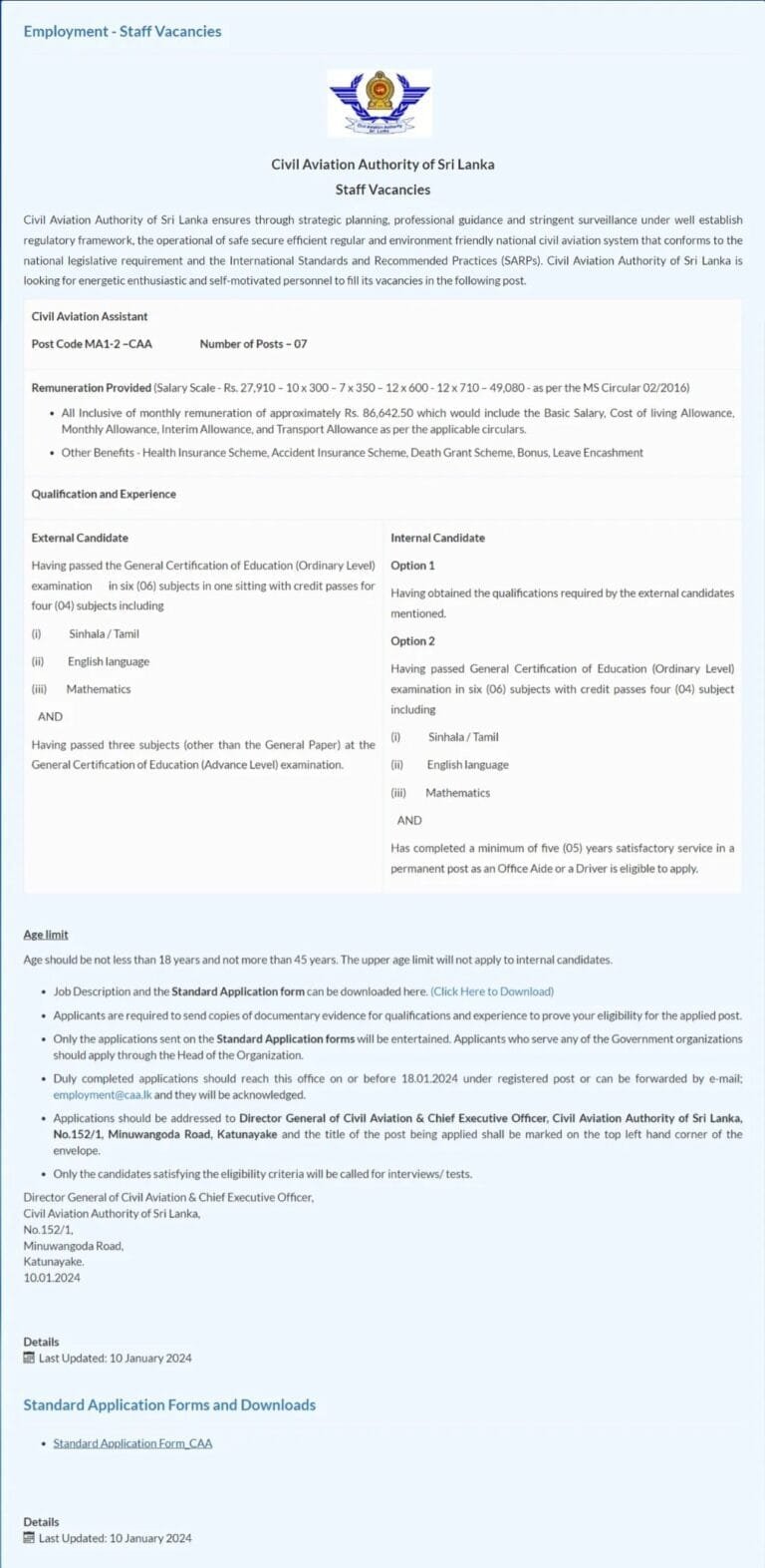 Civil Aviation Assistant Vacancies - Civil Aviation Authority of Sri ...