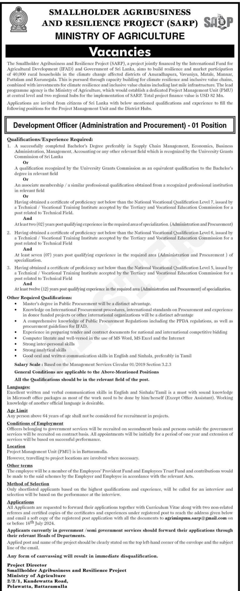 Development Officer (DO) - Ministry of Agriculture - MASTER
