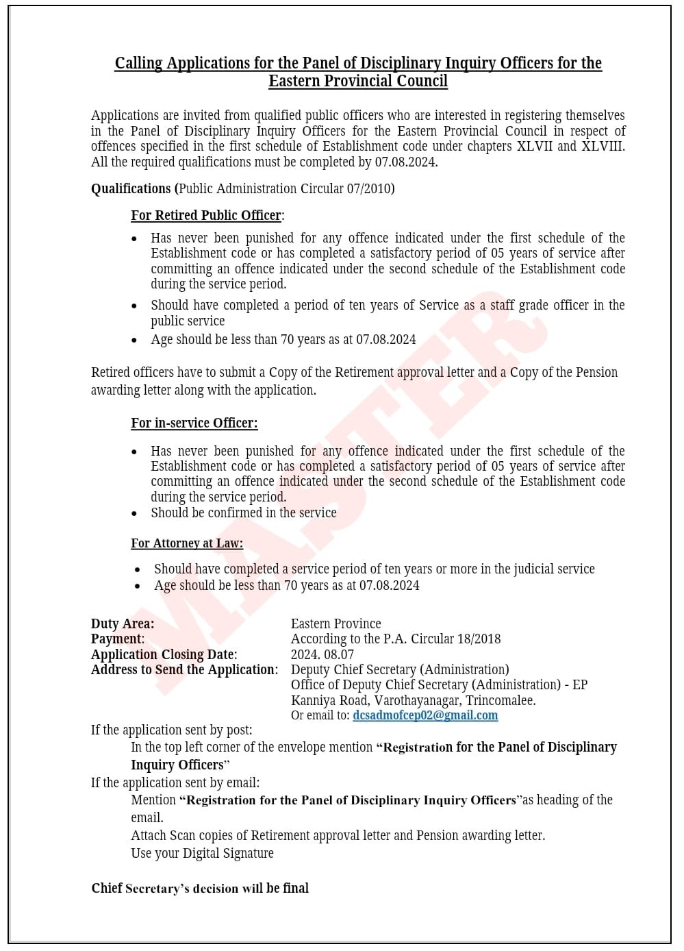 Disciplinary Inquiry Officer – Eastern Provincial Council - MASTER