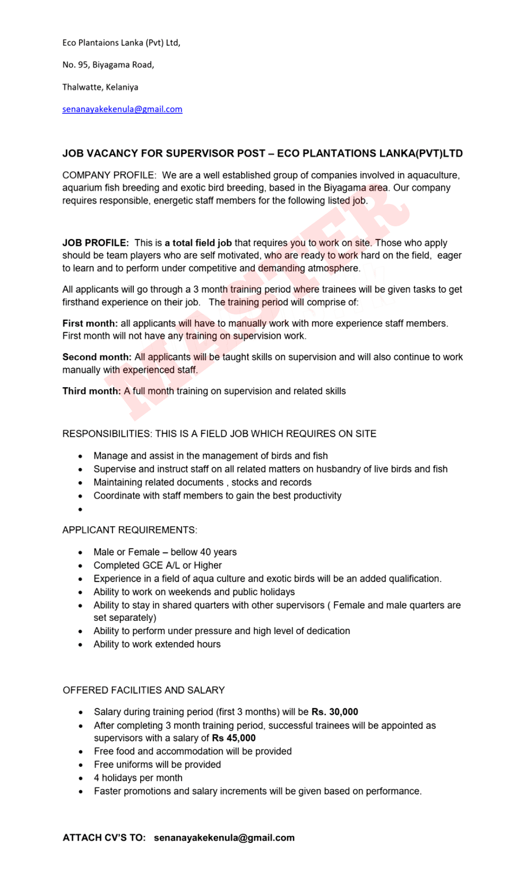 Supervisor - Eco Plantaions Lanka (Pvt) Ltd - MASTER