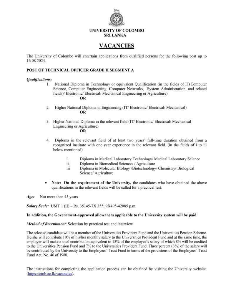 Technical Officer University Of Colombo Full Details Master