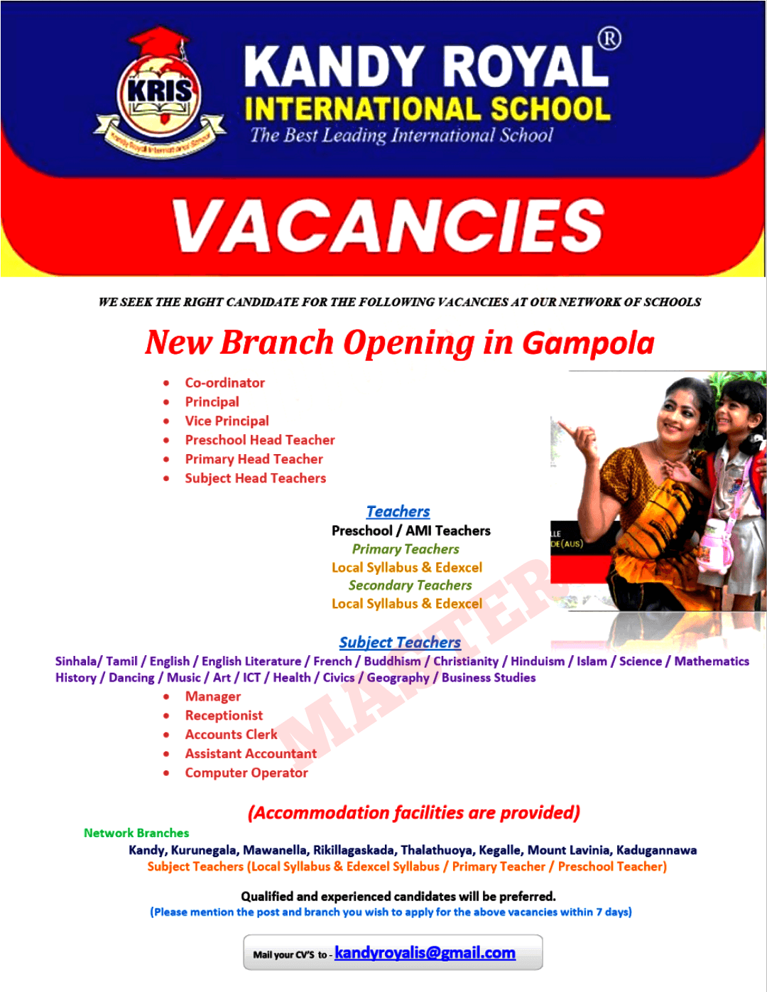 School Job Vacancies - Kandy Royal International School - MASTER