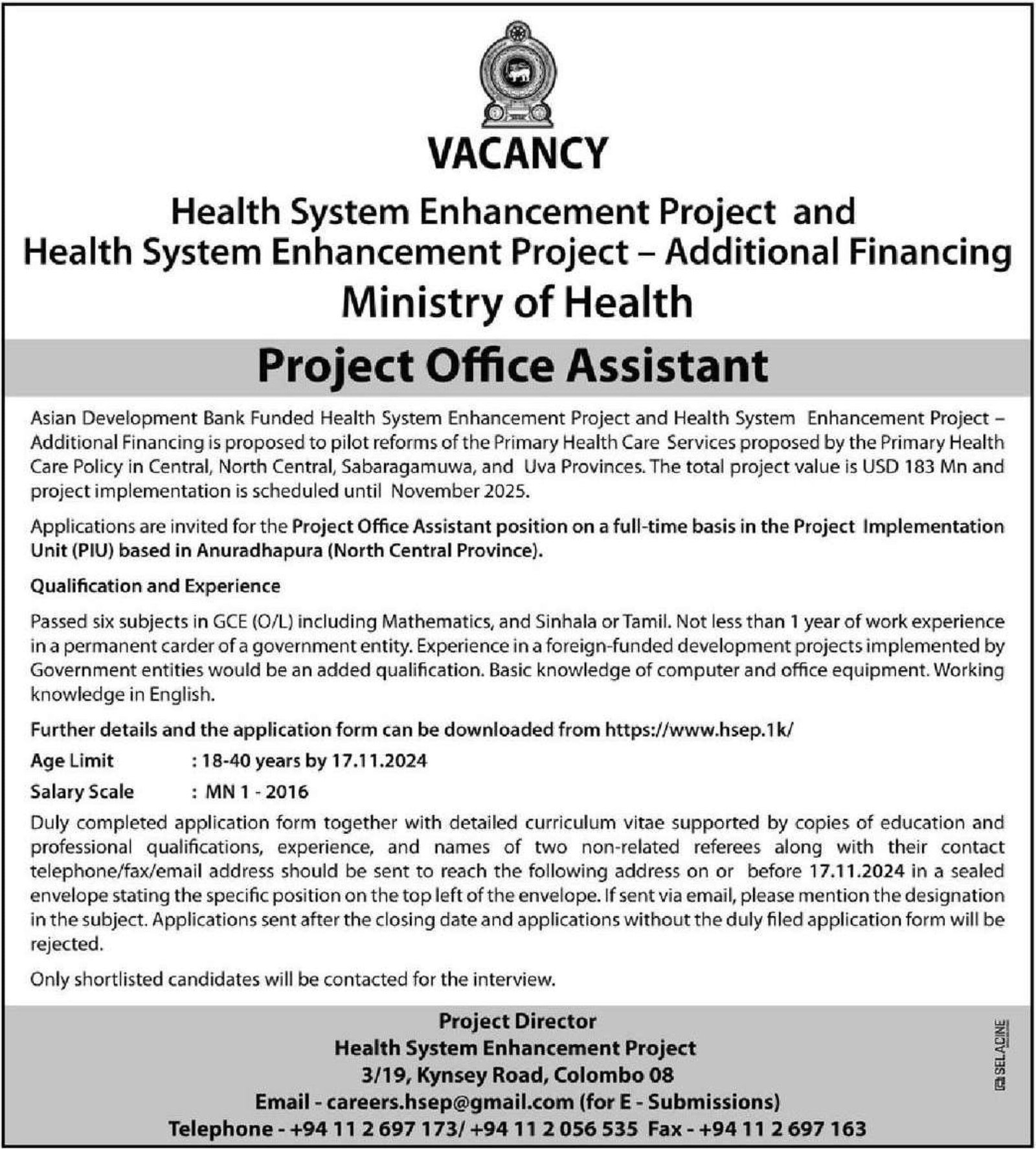 Project Office Assistant Vacancies - Full Details - MASTER