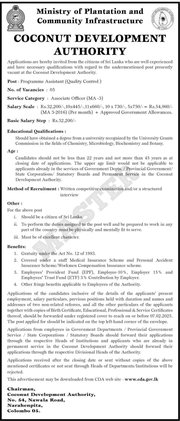 Programme Assistant - Coconut Development Authority (CDA) Vacancies ...