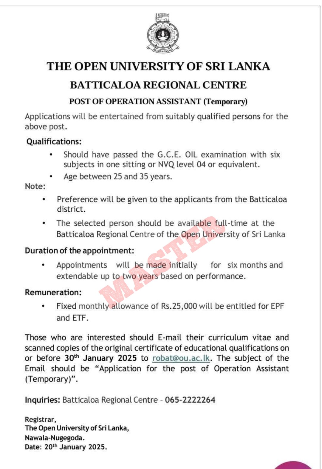 Open University of Sri Lanka Vacancies - 2025 - MASTER