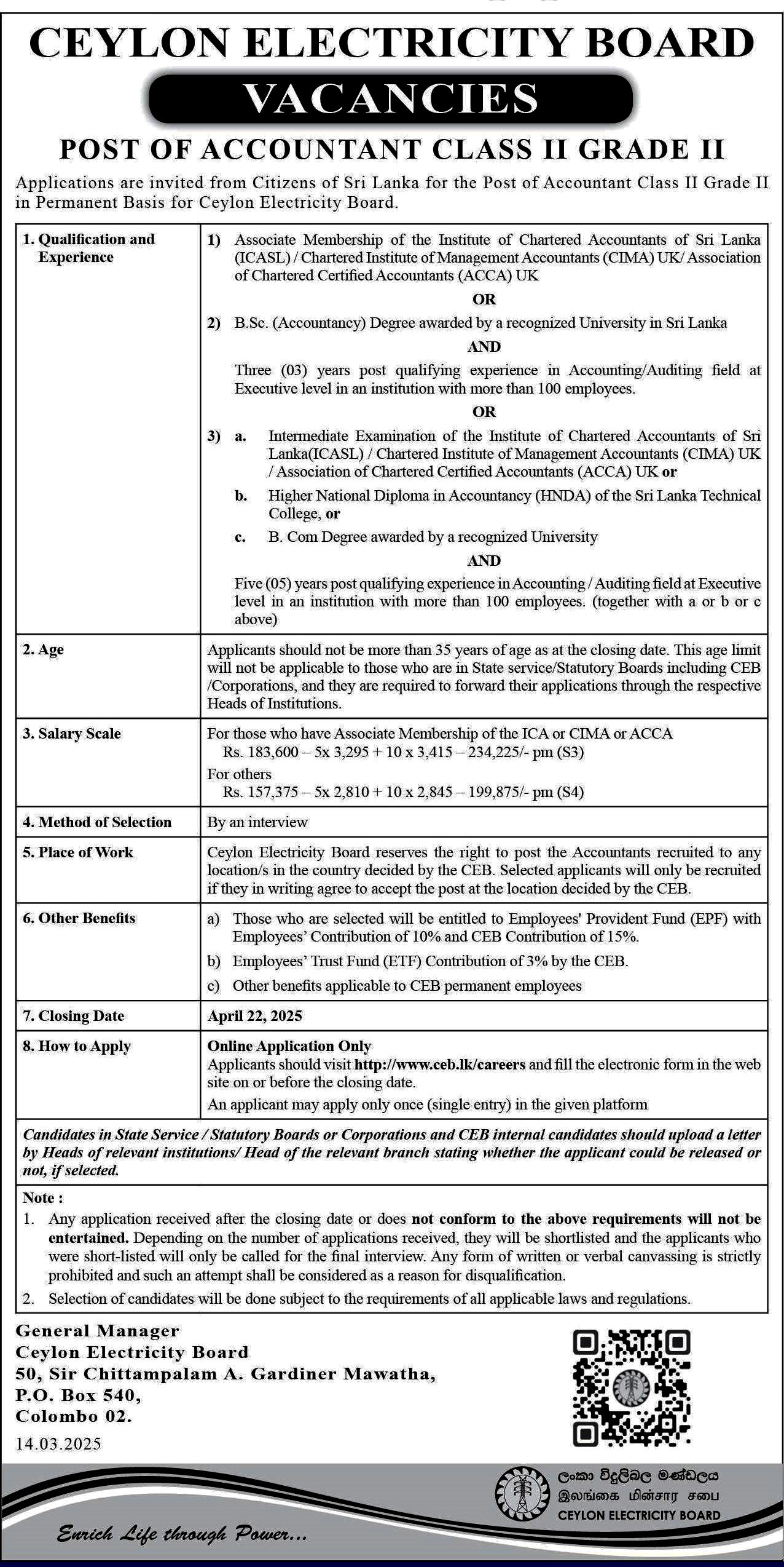 Accountant - Ceylon Electricity Board Vacancies 2025 - MASTER