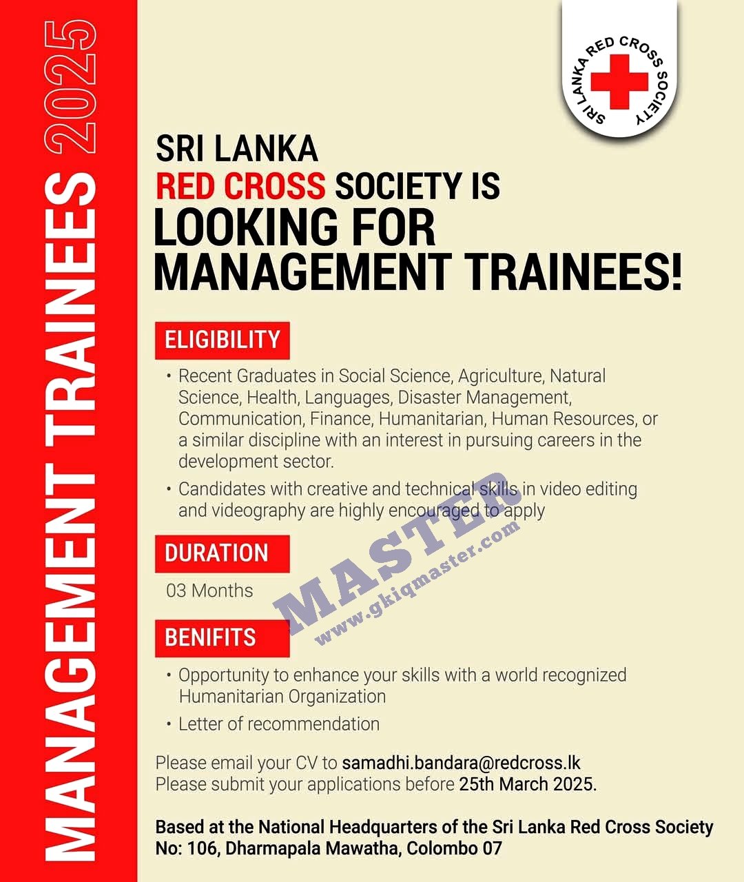 Management Trainees - Sri Lanka Red Cross Society Vacancies 2025 - MASTER