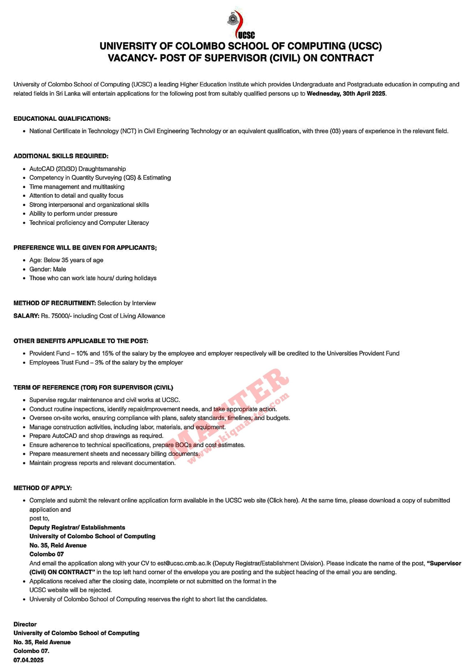 Supervisor (Civil) - University of Colombo - MASTER