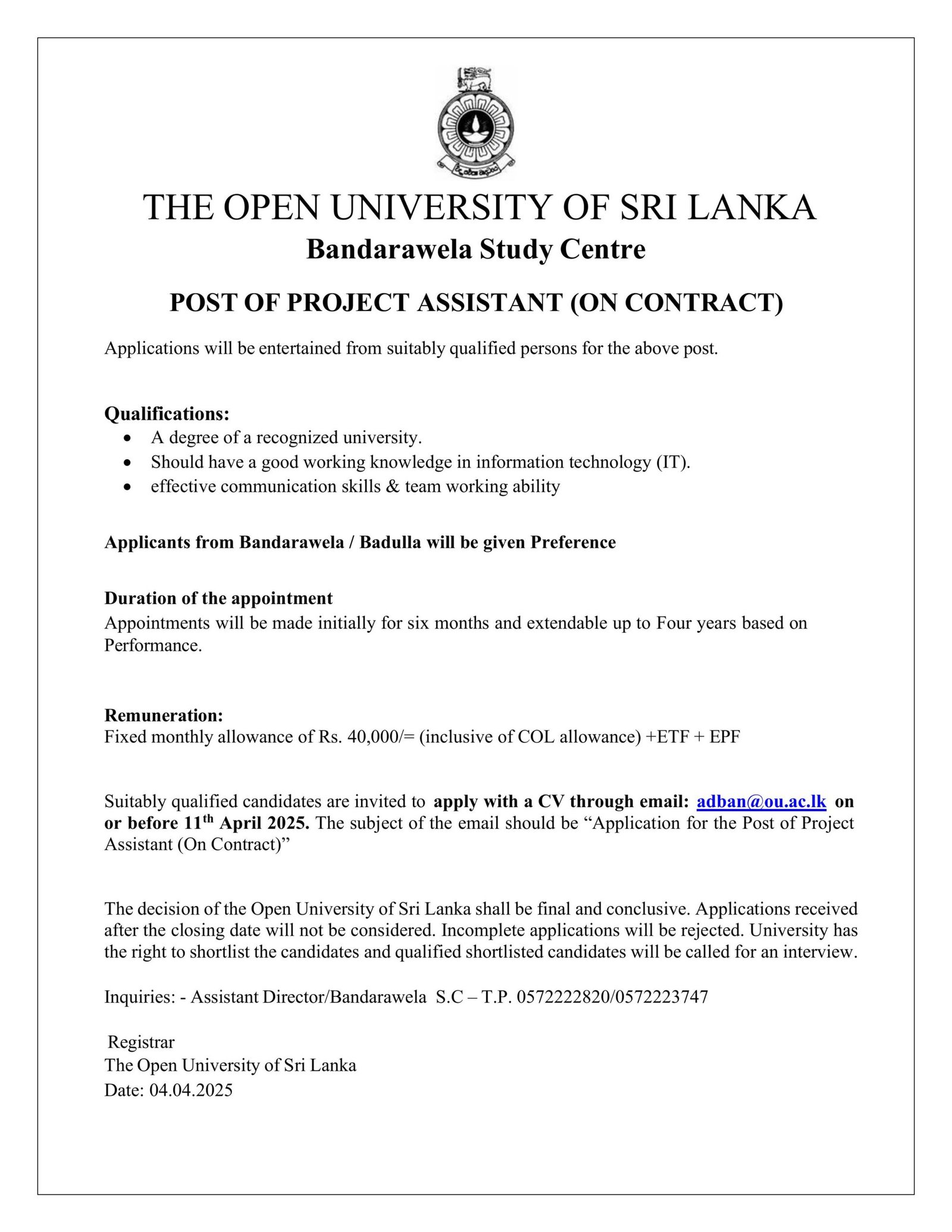 Project Assistant - Open University of Sri Lanka (OUSL) - MASTER