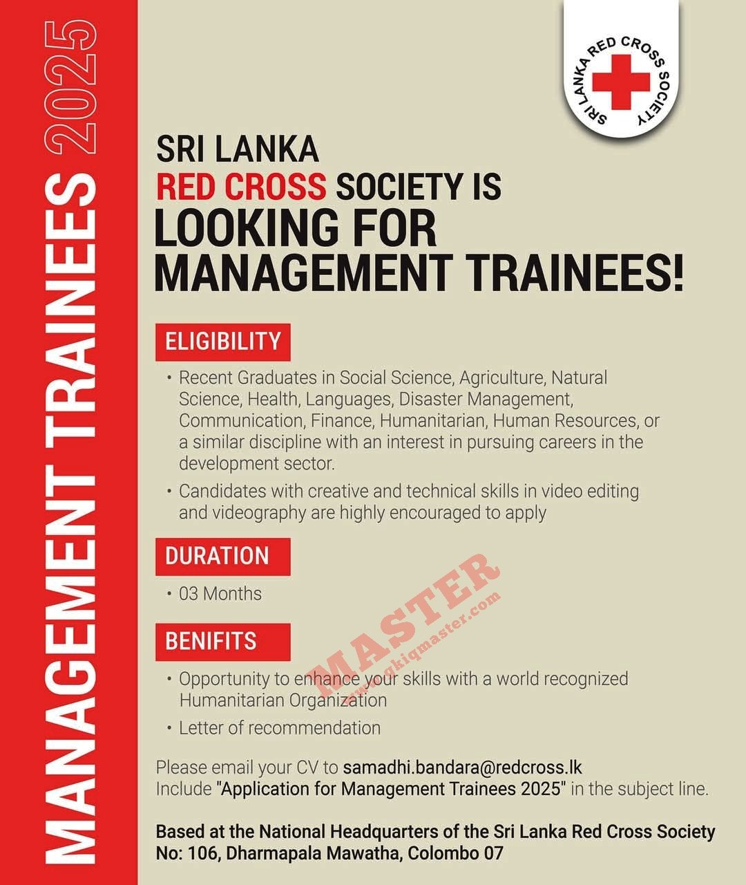 Management Trainees - Sri Lanka Red Cross Society Vacancies 2025 - MASTER