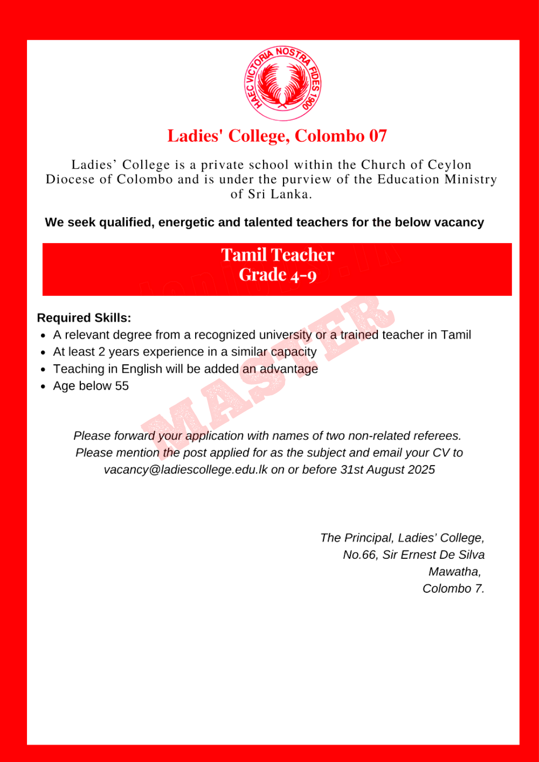 Teacher Vacancies - Colombo Ladies' College - MASTER